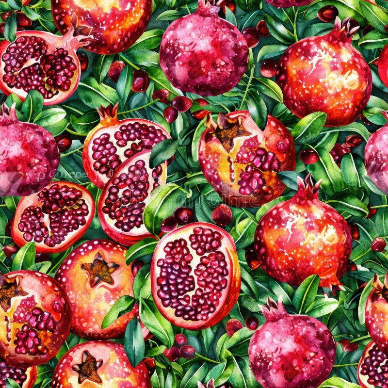 Vibrant Pomegranate Pattern with Fruits and Leaves. Colorful Botanical Wallpaper. Use for ...