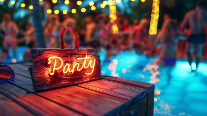 Vibrant Pool Party with Neon Sign, String Lights, and Lively Crowd at ...