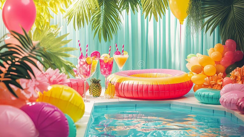 A Vibrant Pool Party Setup with Inflatables, Colorful Drinks, and Stock ...
