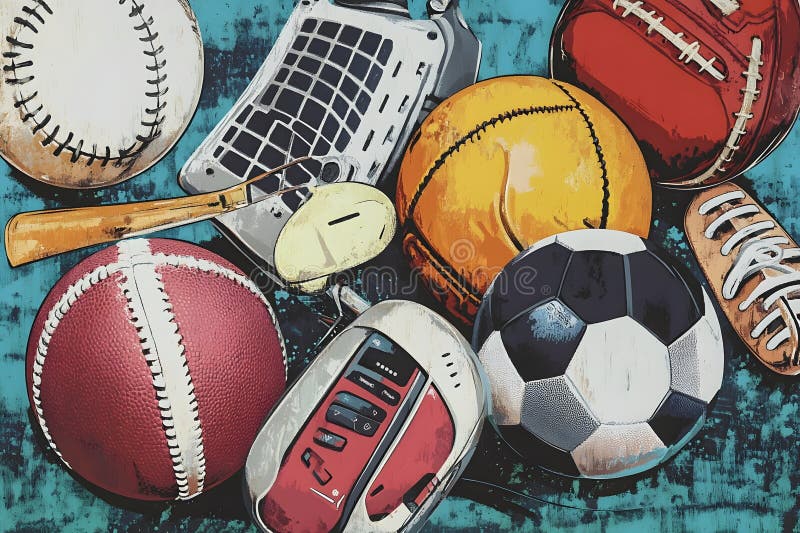 Vibrant Pop Art Collage of Sports Equipment, Remote Control Apps, and ...