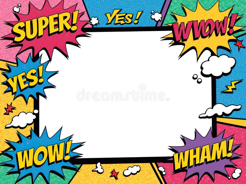 Colorful Comic Frame with Super, Wow, and Wham Speech Bubbles, Created ...
