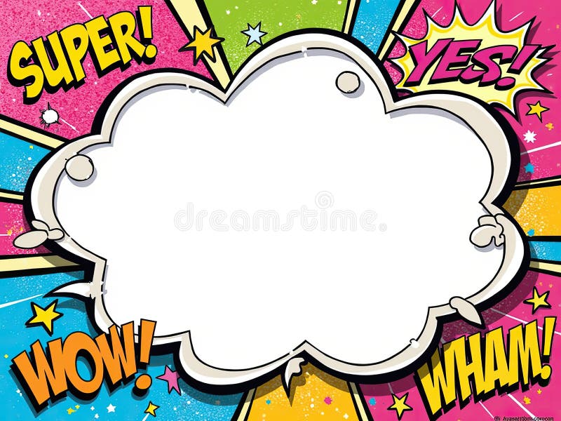 Colorful Comic Frame with Super, Wow, and Wham Speech Bubbles, Created ...