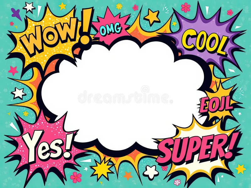 Colorful Comic Frame with Super, Wow, and Wham Speech Bubbles, Created ...