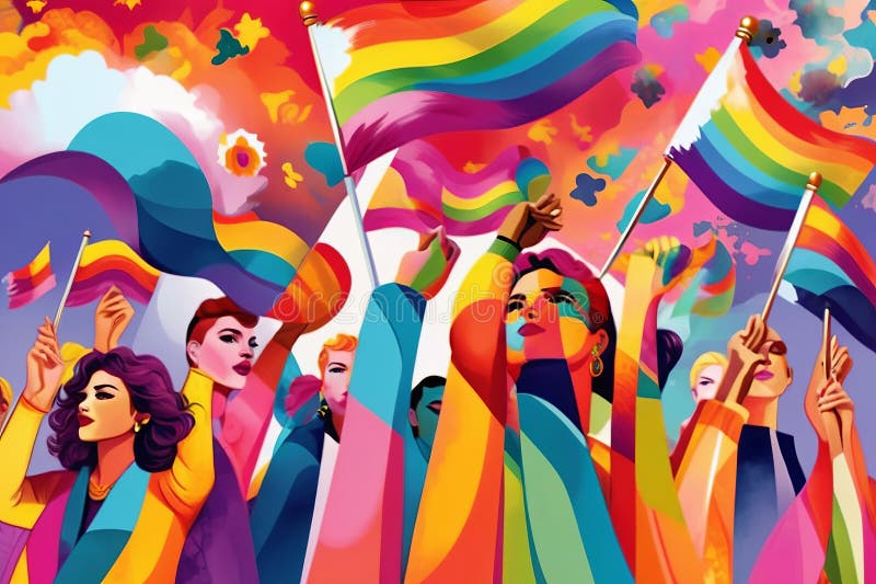 Vibrant Pop Art Illustration of People Holding Rainbow Flags Symbolizes ...