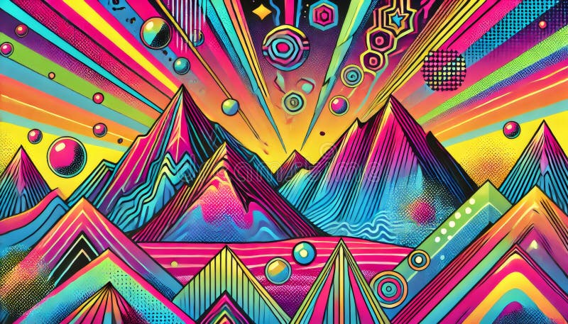 Vibrant Pop Art Mountain Landscape with Electric Neon Colors and ...