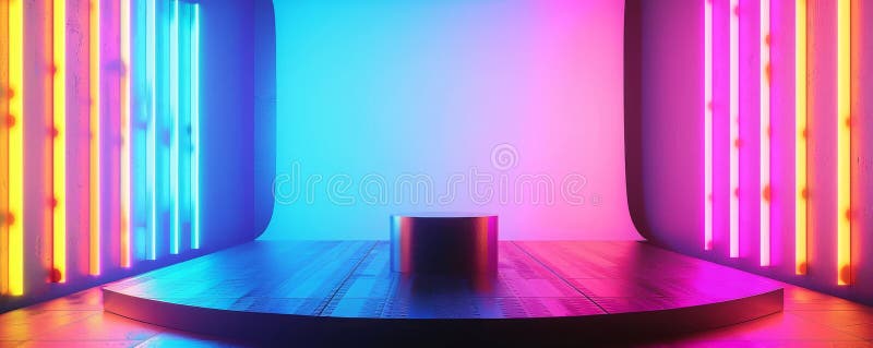 Vibrant Pop Art Stage With Neon Lights And Central Podium For