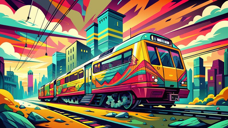 Vibrant Pop Art Style Cityscape with Colorful Express Train Stock Image ...