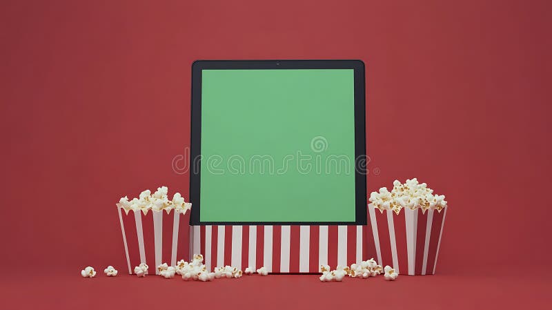 Vibrant Popcorn Box on Red Backdrop with Tablet Green Screen Stock ...