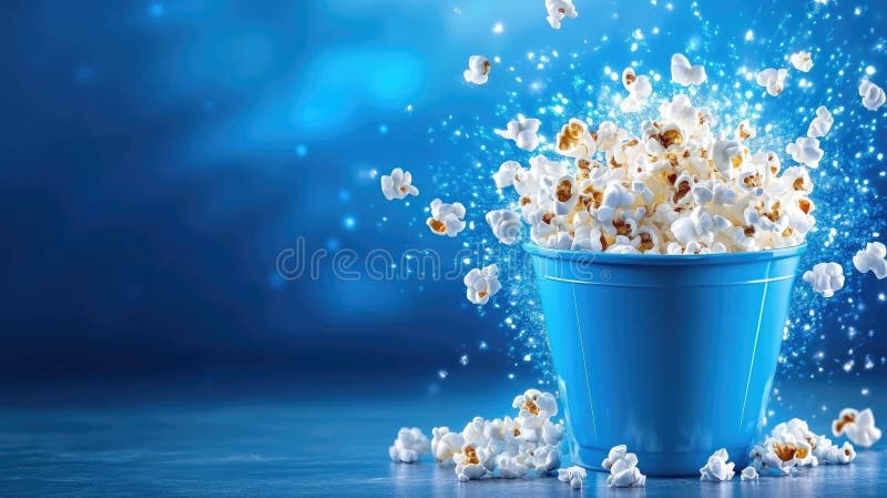 Vibrant Popcorn Explosion in Blue Container Against Sparkling ...