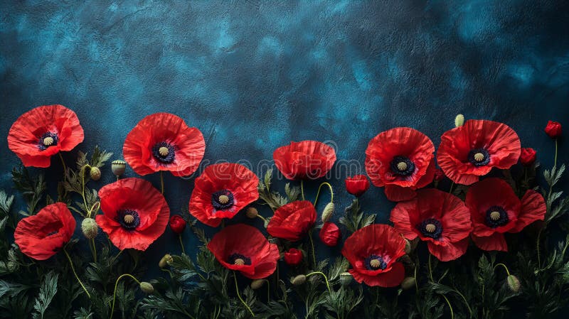 Vibrant Poppies with Remembrance Symbols on Elegant Blue Background ...