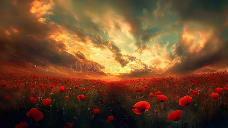 Vibrant Poppy Field Under Dramatic Sunset Sky with Majestic Clouds ...