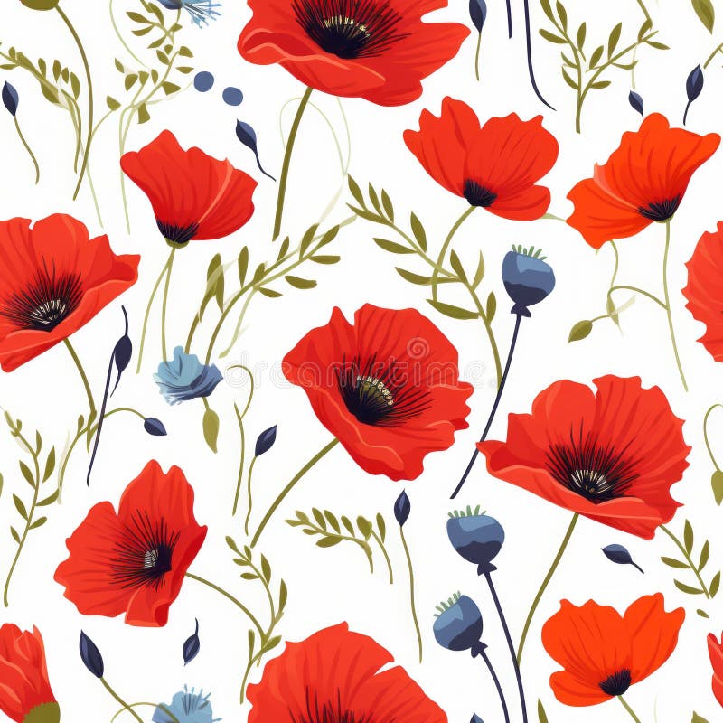 Vibrant Poppy Flower Seamless Patterns on Solid White Background Stock ...