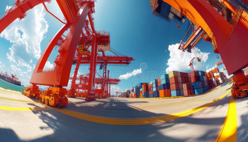 Vibrant Port Scene Container Ship Loading at Dock with Colorful Cranes ...