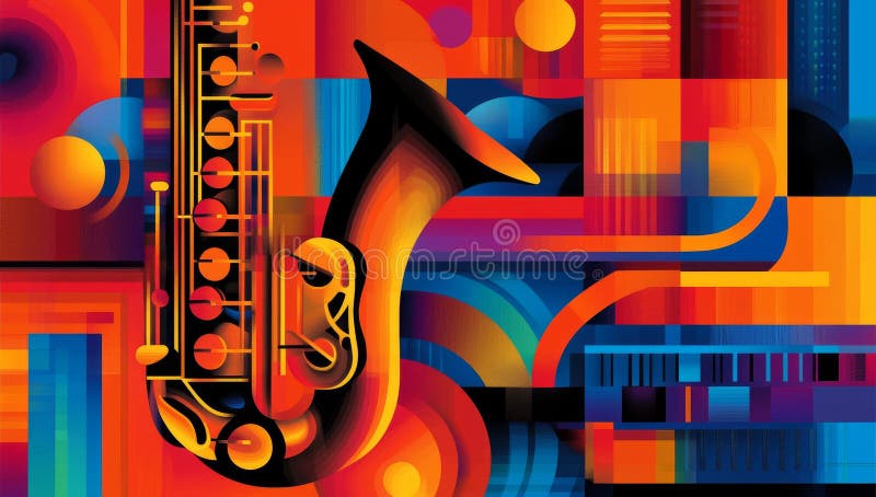 Vibrant Poster Featuring a Saxophone, Musical Notes, and Cubist Jazz ...