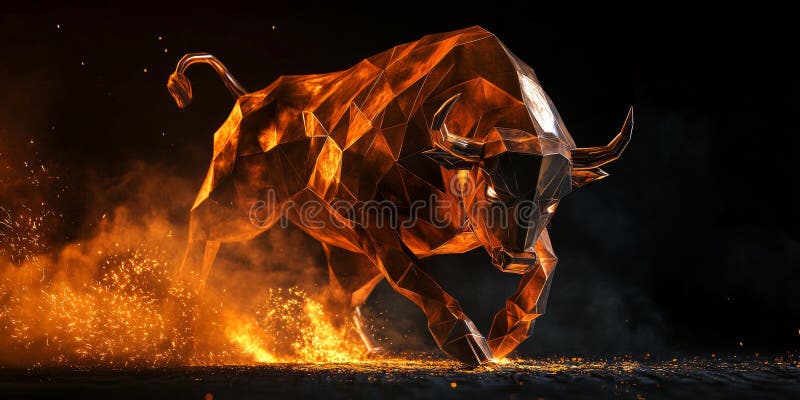 A Vibrant and Powerful Bull Made of Shiny Orange Polygons Charges ...