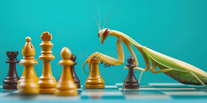 A Praying Mantis Strategically Maneuvering Pieces on a Chessboard ...