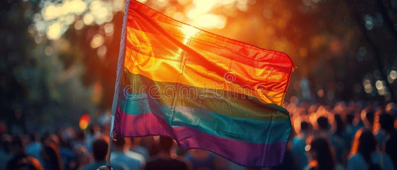 Vibrant Pride Flag Waving in the Sunset during a Lively Outdoor Event ...