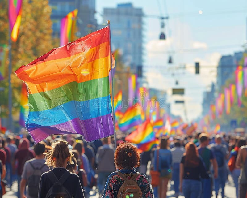 A Vibrant Pride Parade with Rainbow Flags Wide Angle Stock Image ...
