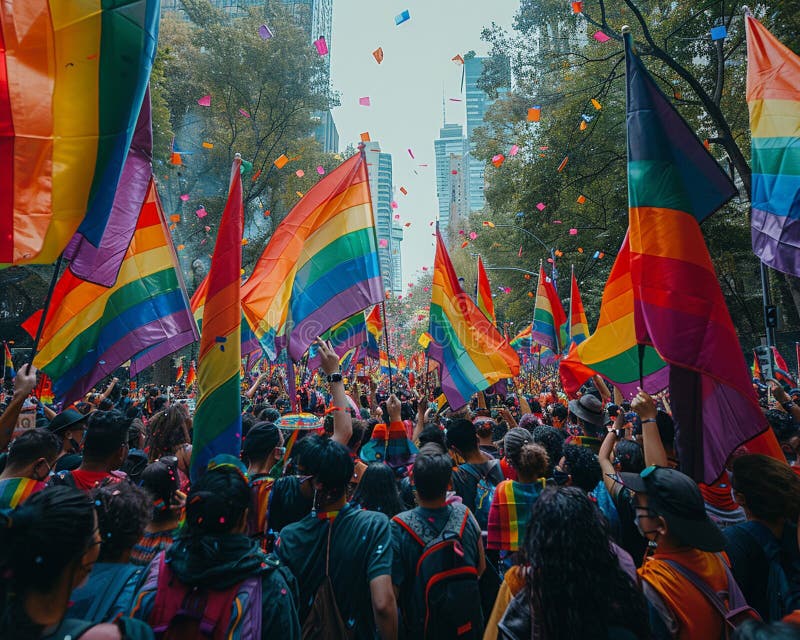 A Vibrant Pride Parade with Rainbow Flags Wide Angle Stock Photo ...