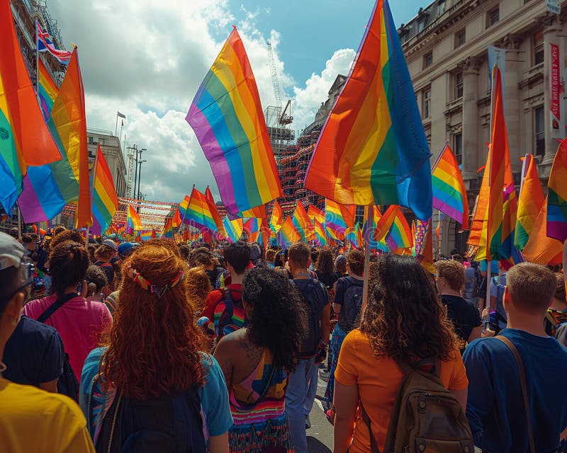 A Vibrant Pride Parade with Rainbow Flags Wide Angle Stock Photo ...