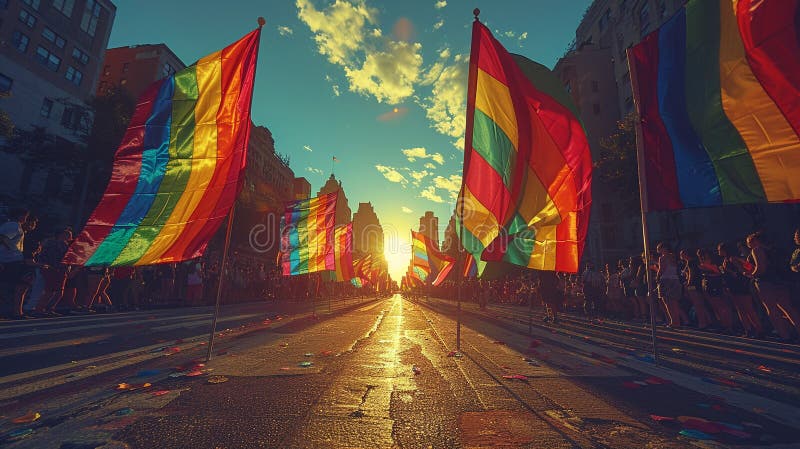 A Vibrant Pride Parade with Rainbow Flags Wide Angle Stock Image ...