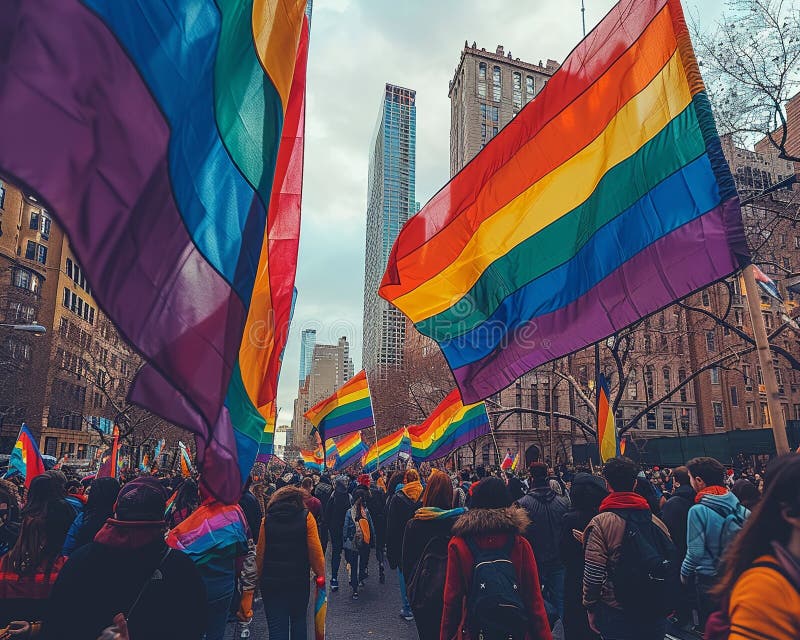 A Vibrant Pride Parade with Rainbow Flags Wide Angle Stock Image ...