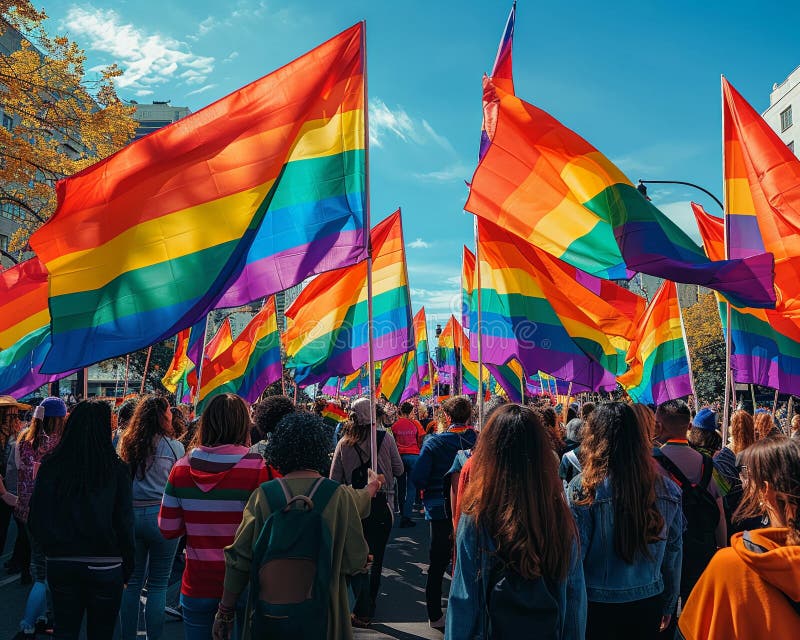 A Vibrant Pride Parade with Rainbow Flags Wide Angle Stock Photo ...