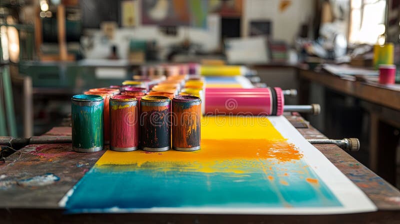 A Vibrant Printmaking Studio with Inks, Rollers, and Paper Ready for ...