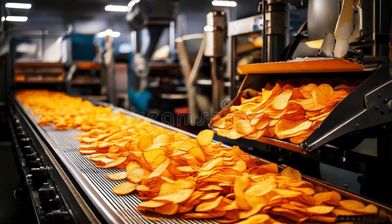 A Vibrant Production Line Filled with Crisp Potato Chips Ready for ...