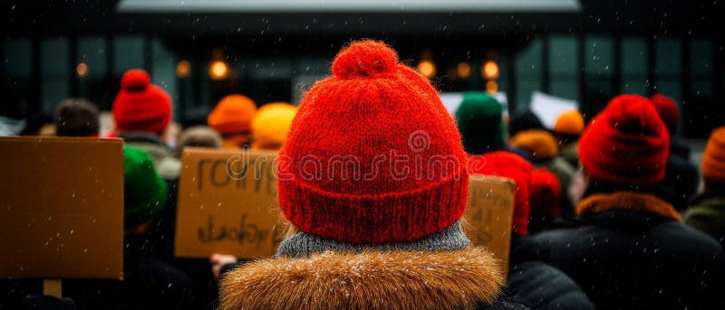 Vibrant Protest: Crowd in Colorful Hats Holding Signs in Wintry Setting ...