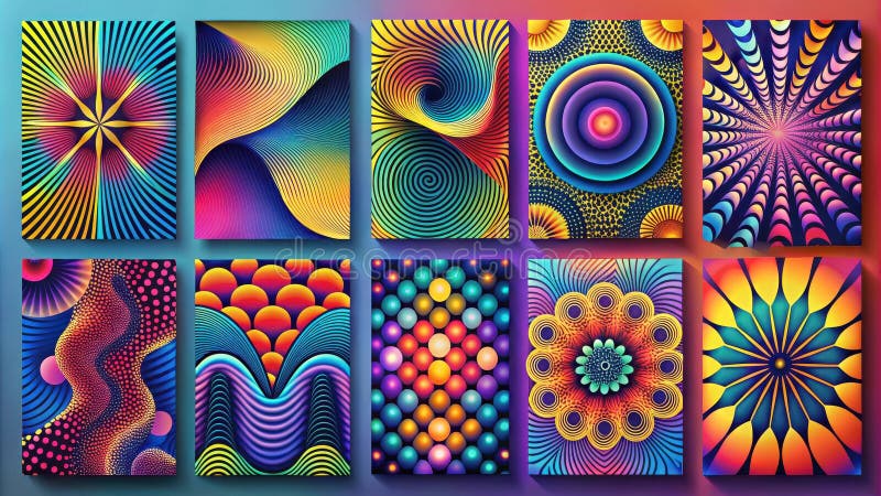 Vibrant Psychedelic Art Prints a Collection of Ten Unique Abstract Designs Featuring Bold Colors ...