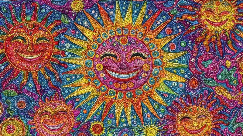 Vibrant Psychedelic Sun Mosaic Art Happy Smiling Suns Colorful Mandala ...