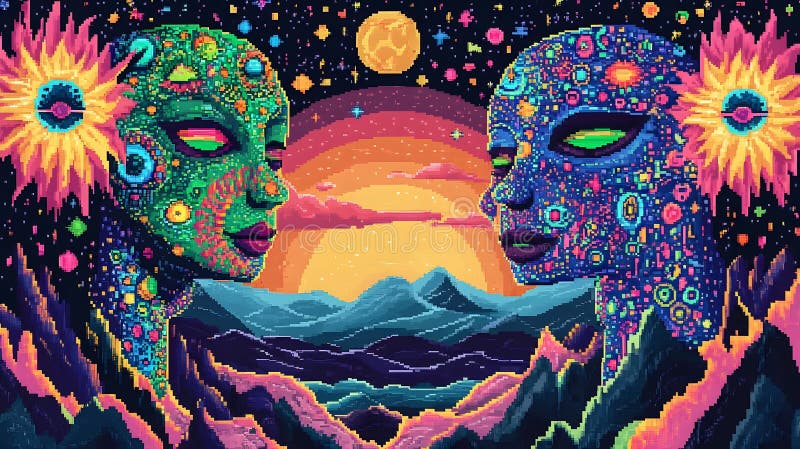 Vibrant Psychedelic Digital Art Landscape with Customizable Faces and ...