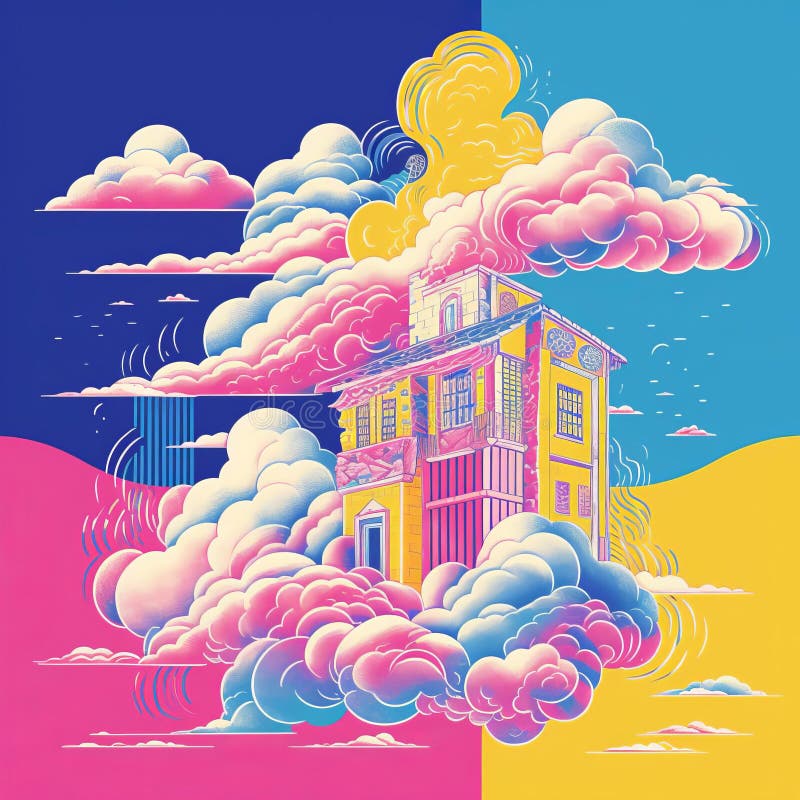 Vibrant Psychedelic Dream Building Design Inspired by Risograph Stock ...