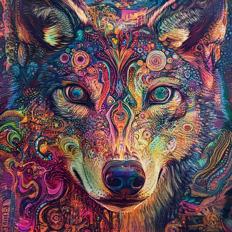 A Vibrant, Psychedelic Illustration of a Wolf S Face, Showcasing ...