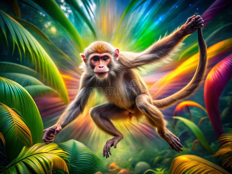 Vibrant Psychedelic Monkey Dance in a Lush Jungle a Groovy Stock Image ...