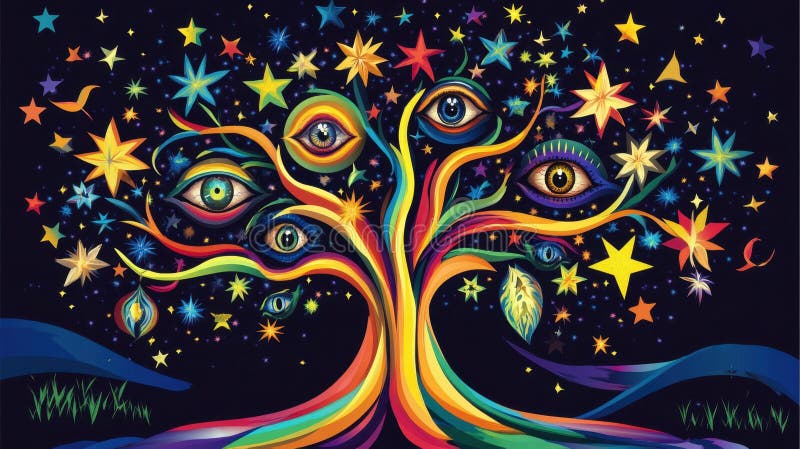 Vibrant Psychedelic Tree with Eyes and Celestial Elements Stock Photo ...