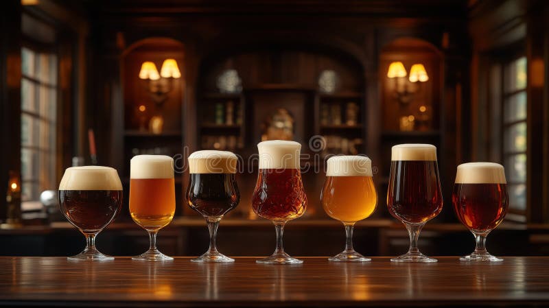 Vibrant Pub Scene with Multiple Glasses of Different Beers Showcasing ...