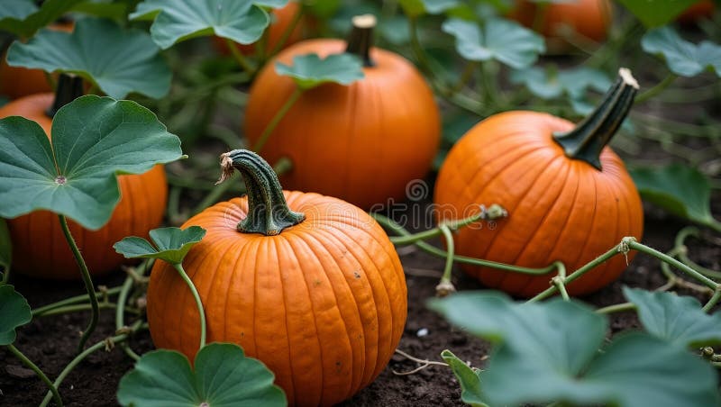 Vibrant Pumpkins in a Lush Patch with Sprawling Vines Stock ...