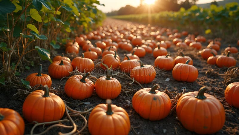Vibrant Pumpkins in a Sunlit Patch Sprawling Vines and Long Shadows ...