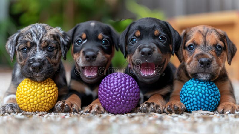 Vibrant Puppies Display Unity and Joy, Playing with Bright Ball in Fun ...