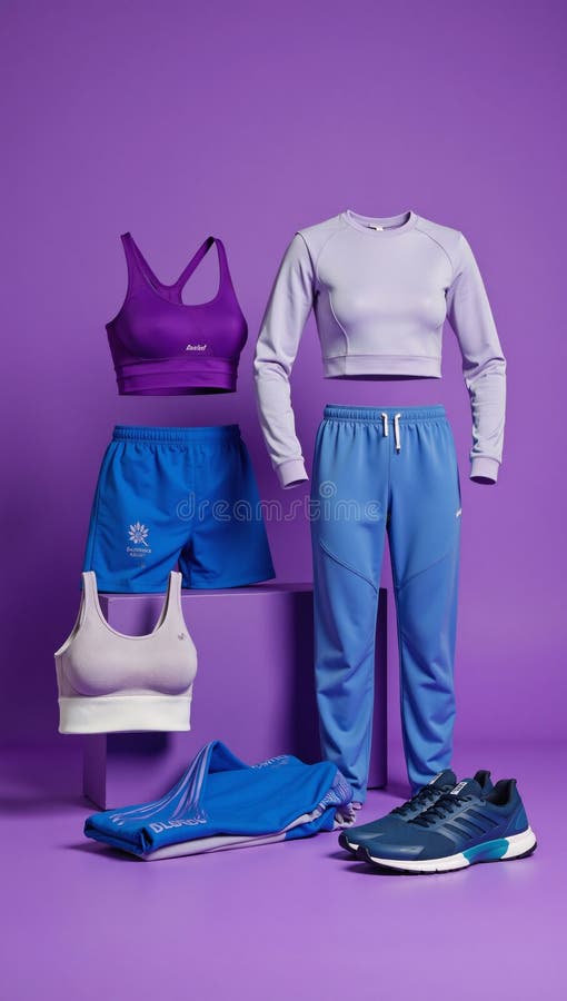 Vibrant Purple Blue Workout Gear Organized on a Matching Backdrop Stock ...