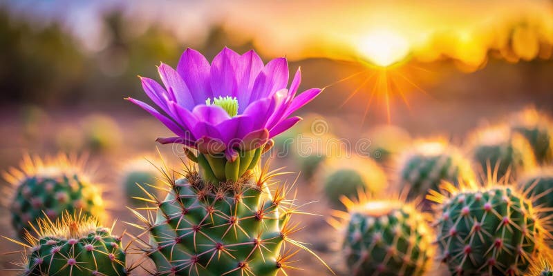 Vibrant Purple Cactus Blossom at Sunset in a Desert Landscape ...