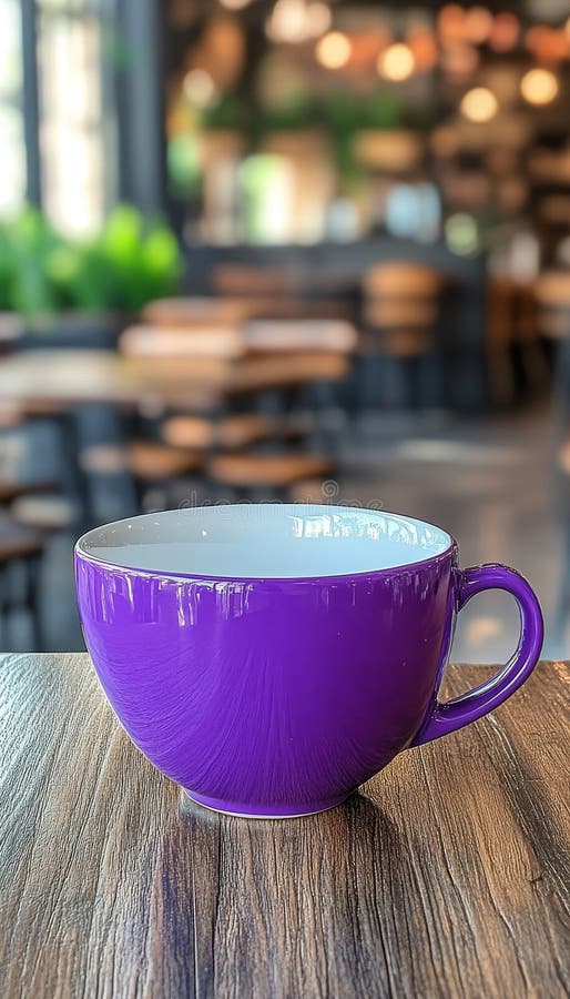 Vibrant Purple Coffee Cup on Wooden Table in Rustic Cafe Setting with ...