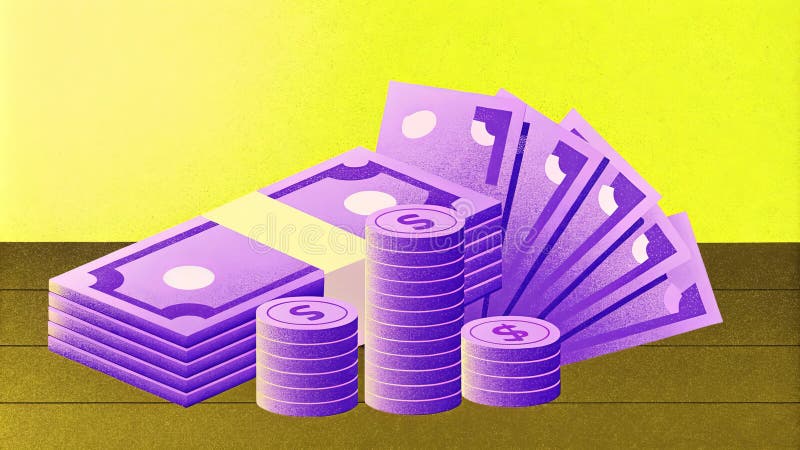 Vibrant Purple Currency Stack with Cash and Coins on Yellow Background ...