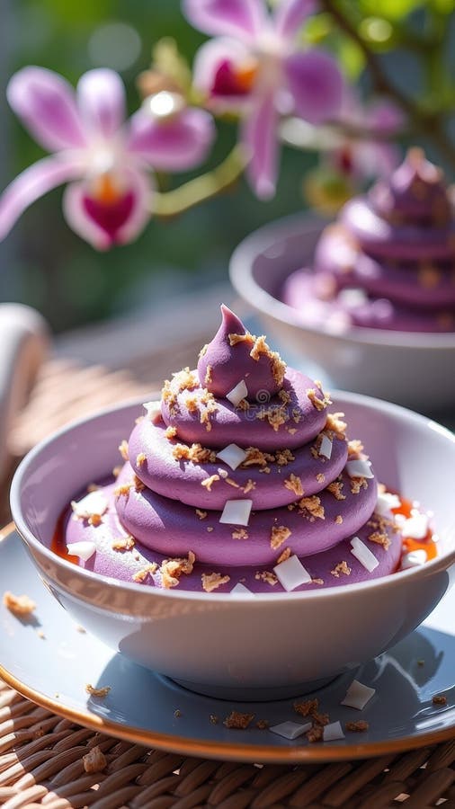 Vibrant Purple Dessert with Coconut and Flower Garnish Outdoors Stock ...