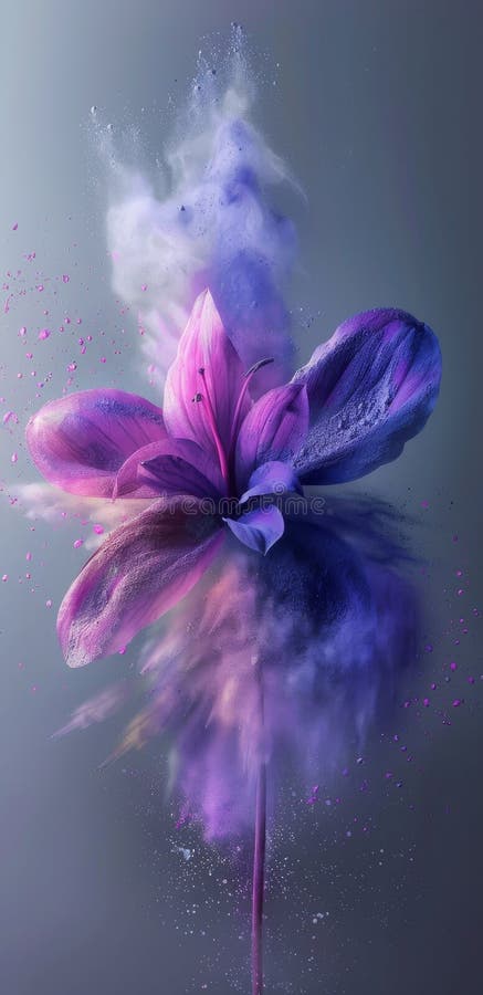 Vibrant Purple Flower Exploding in a Cloud of Colorful Powder on a Dark ...