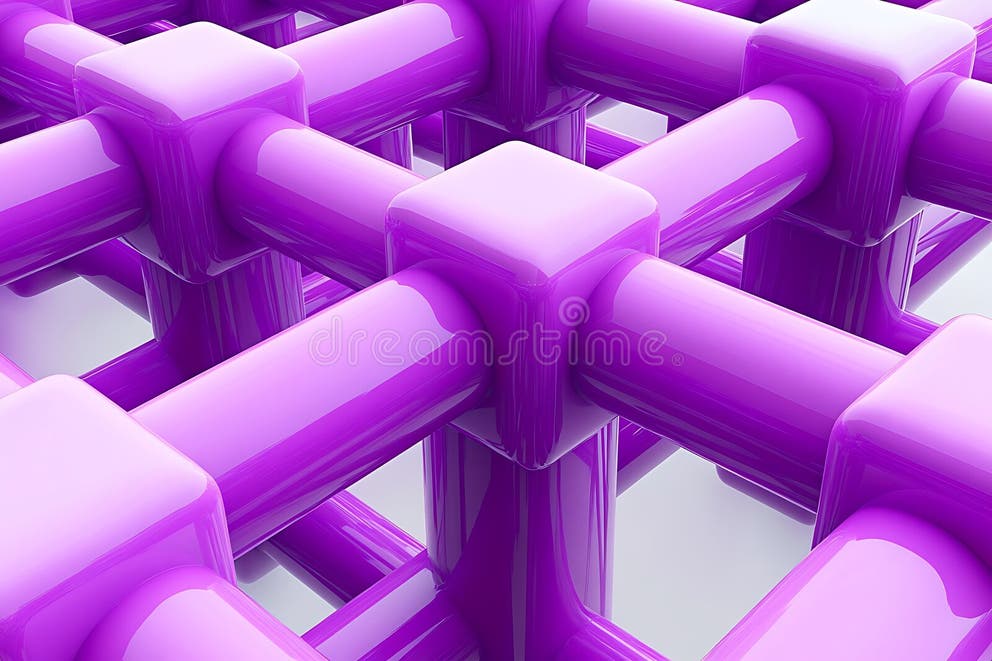A Vibrant Purple Geometric Pattern of Interconnected Cubes and Tubes Forming a 3D Abstract ...