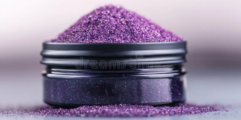 Vibrant Purple Glitter in Round Black Container on Smooth Surface Stock ...