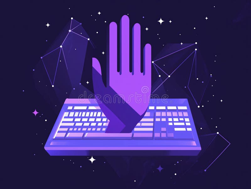 Vibrant Purple Hand Hovers Over Keyboard in Cosmic Background ...